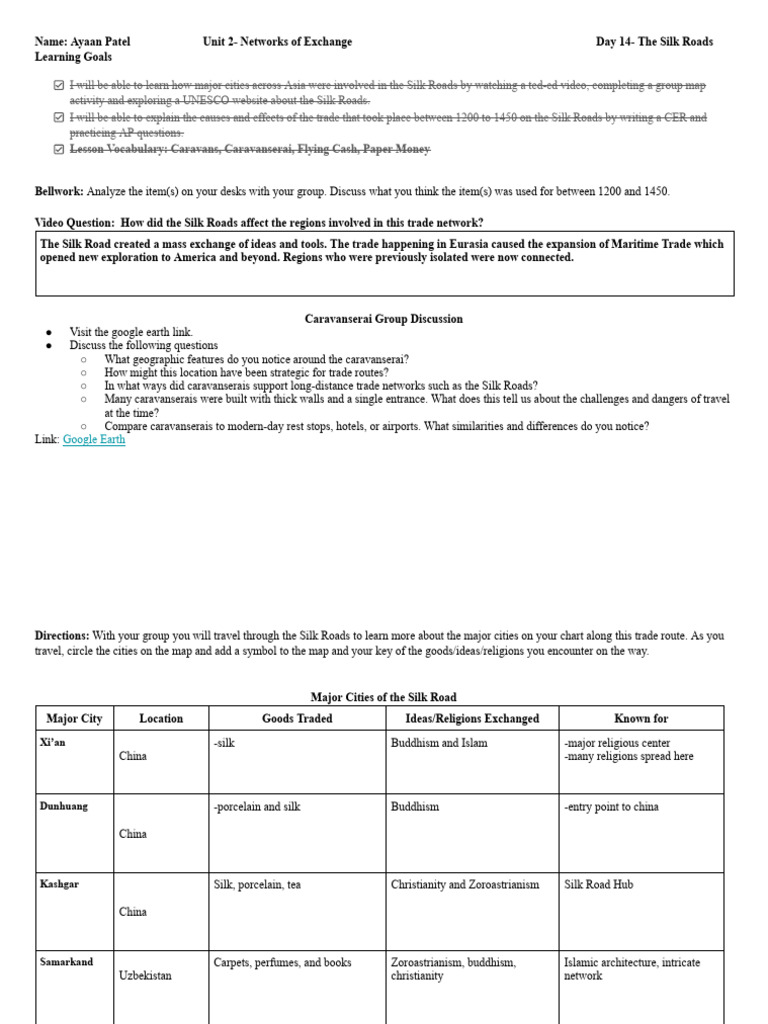 _Day 14 The Silk Roads Worksheet- | PDF | Silk Road | Asia