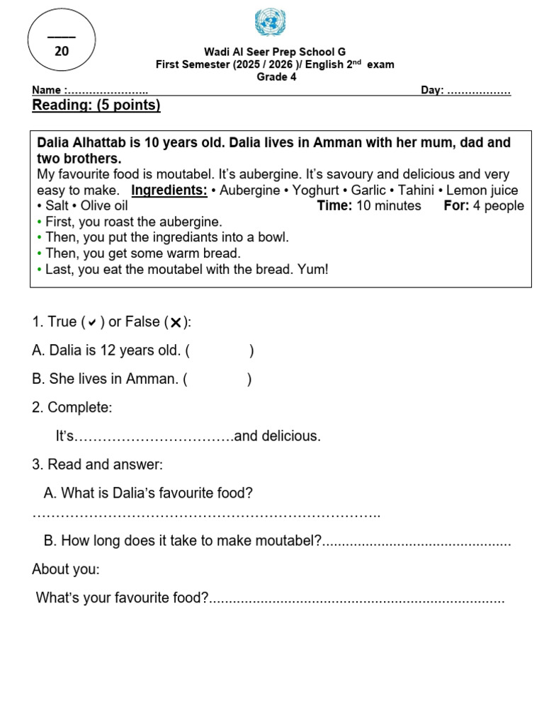 Grade 4 English Exam: Moutabel Recipe | PDF