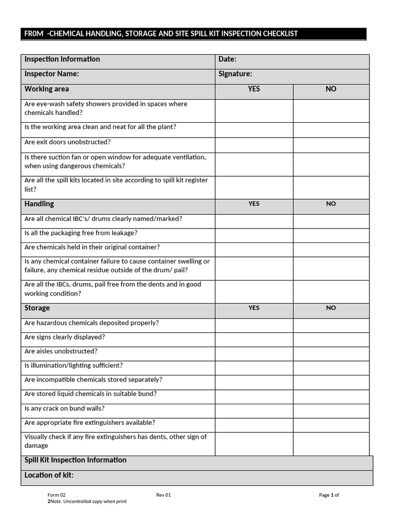 Form - Chemical Handling, Storage and Site Spill Kit Inspection ...