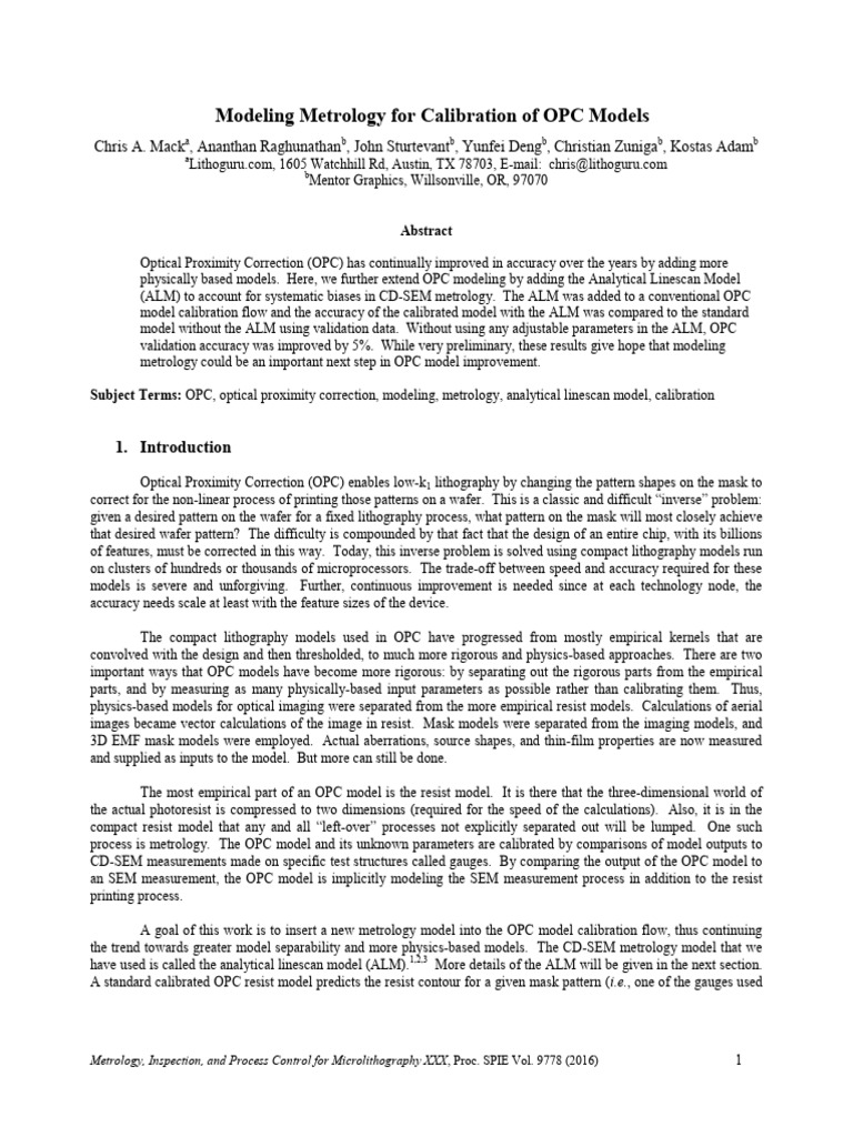 2016 Modeling Metrology For OPC | PDF | Calibration | Scanning Electron ...