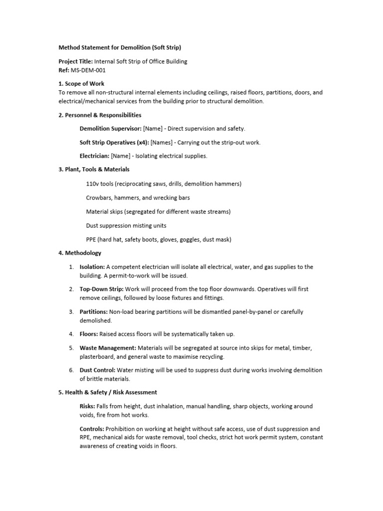 Soft Strip Demolition Method Statement | PDF