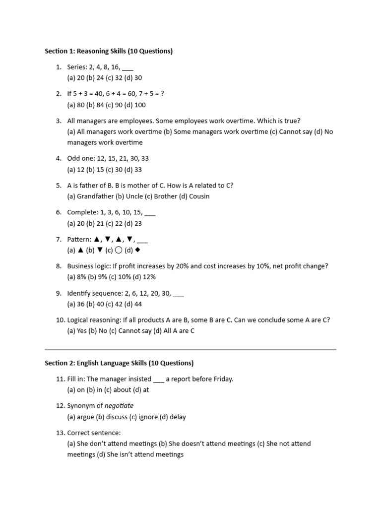 Reasoning, English, and Math Skills Test | PDF
