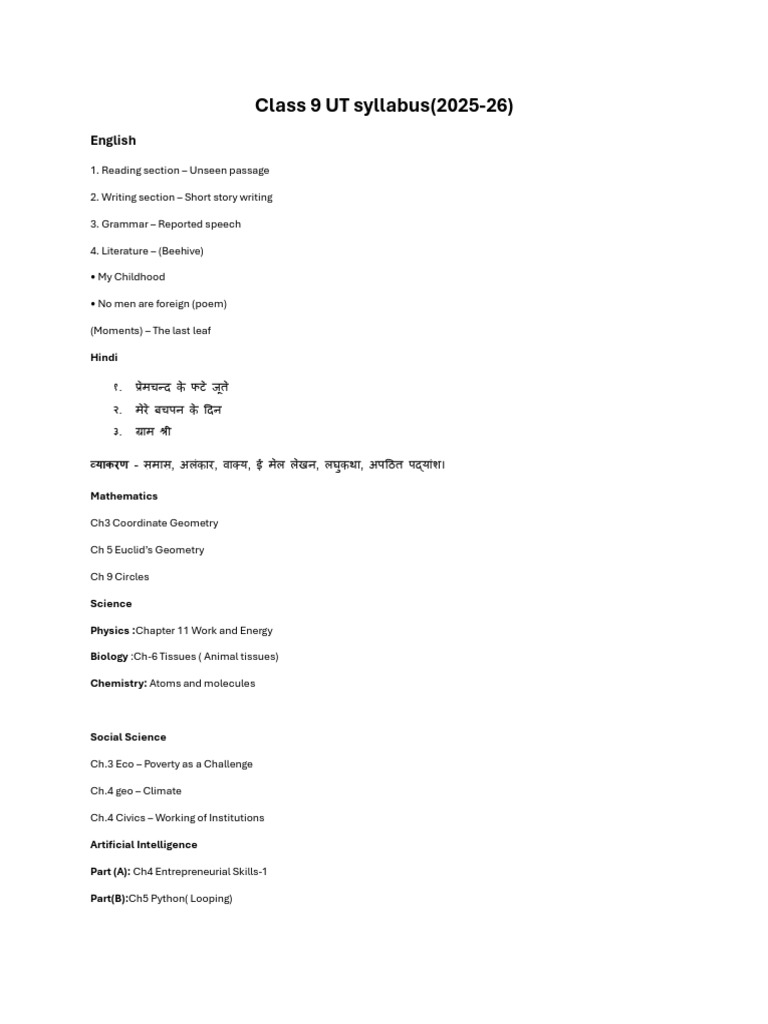 Class 9 UT Syllabus 2025-26 Overview | PDF