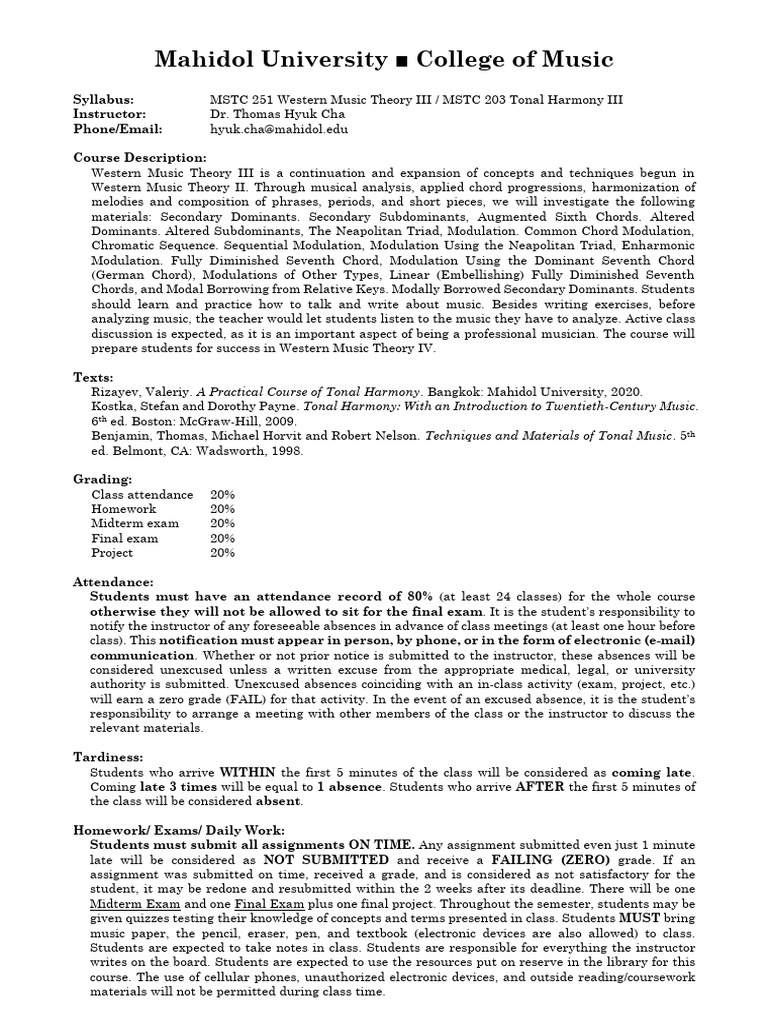 Western Music Theory III Syllabus | PDF | Chord (Music) | Harmony