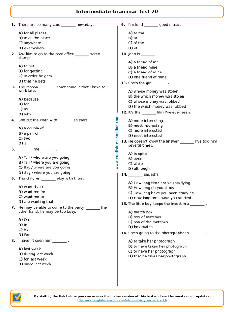 Intermediate English Grammar Test | PDF | Chess | Chess Theory