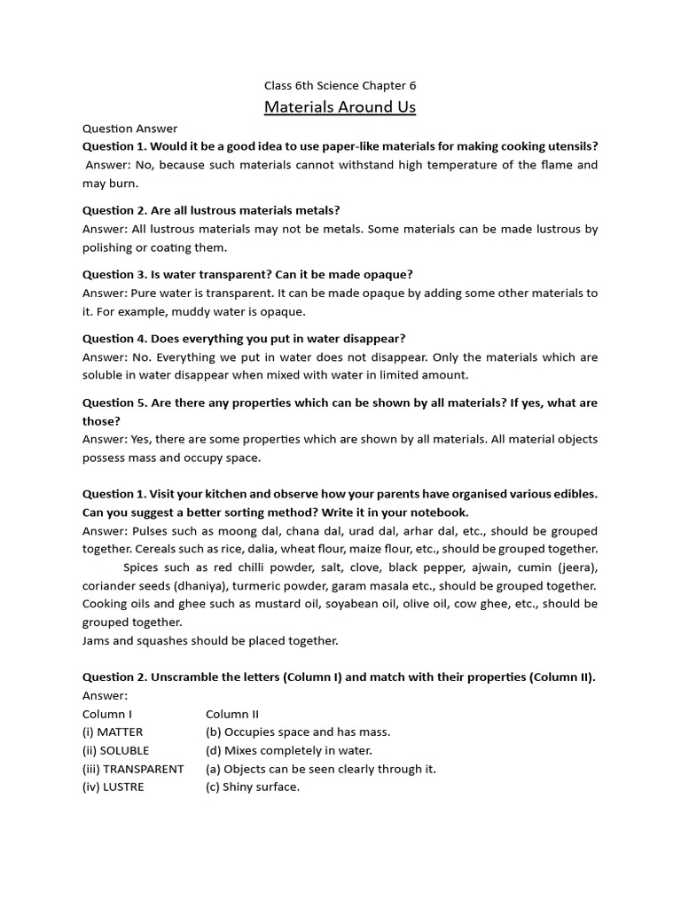 Class 6th Science Chapter 6 Material Around Us | PDF | Solubility | Glasses