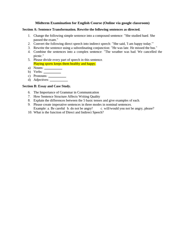 Midterm Examination For English Course-1 | PDF