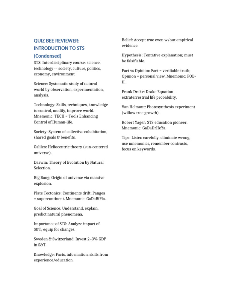 Condensed Quiz Bee Reviewer Introduction To STS | PDF