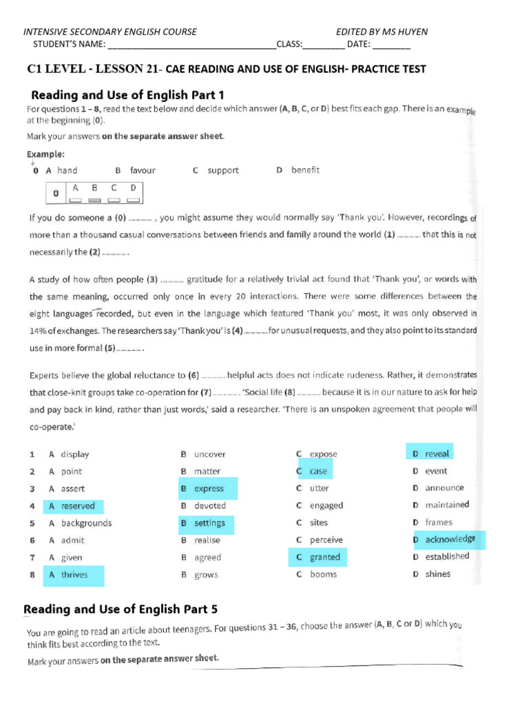 Intensive English Course: CAE Practice Test | PDF
