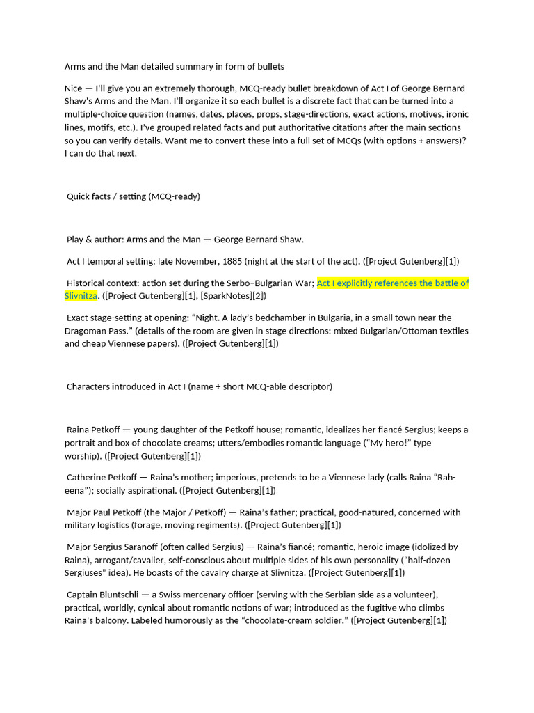 Arms and The Man Detailed Summary in Form of Bullets | PDF