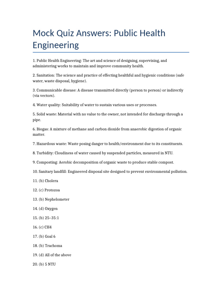 Mock Quiz Answers Public Health Engineering | PDF