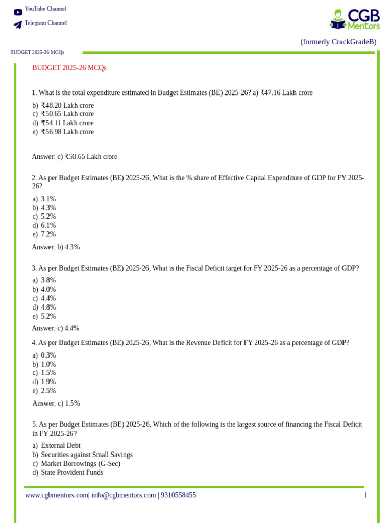 Budget 2025-26 MCQs and Insights | PDF | Fiscal Policy | Government ...