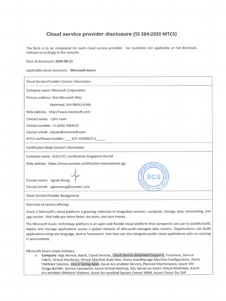 Azure - MTCS CSP Self Disclosure Form (2024) | PDF | Microsoft Azure ...