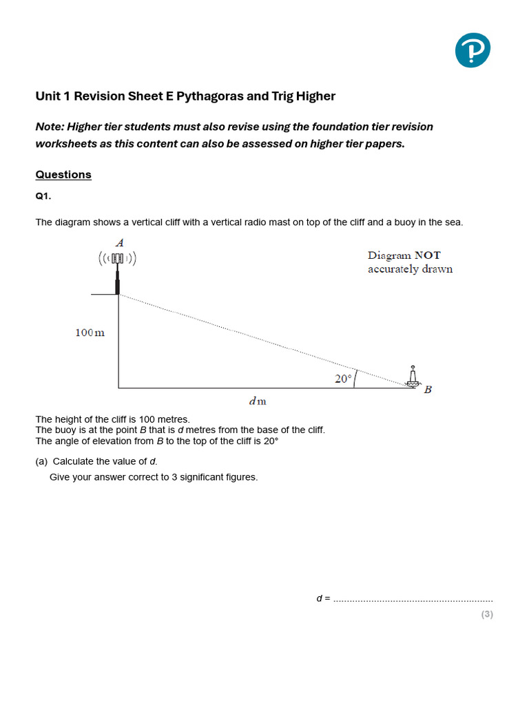 Unit 1 Revision Sheet E Pythagoras and Trig Higher | PDF | Area | Circle