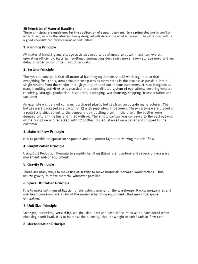 20 Principles of Material Handling | PDF | Warehouse | Systems Engineering