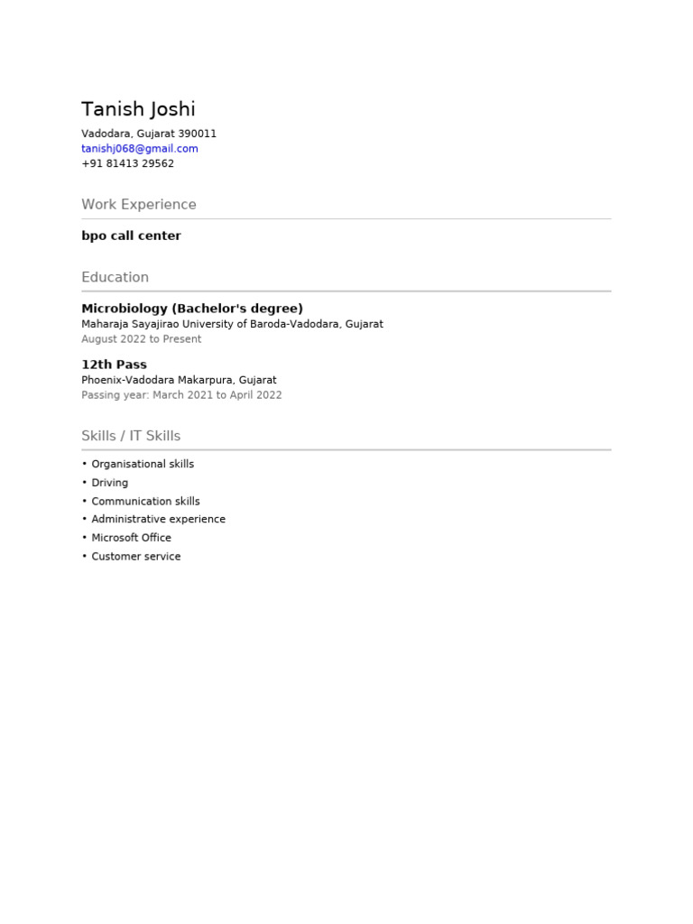 Tanish Joshi: Work Experience | PDF