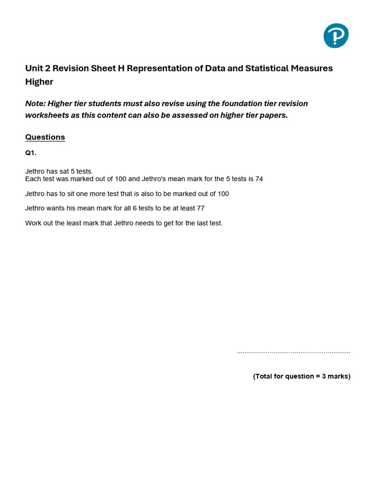 Unit 2 Revision Sheet H Representation of Data and Statistical Measures ...