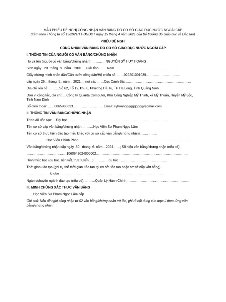 Van Bang Co So Giao Duc Nuoc Ngoai Cap | PDF