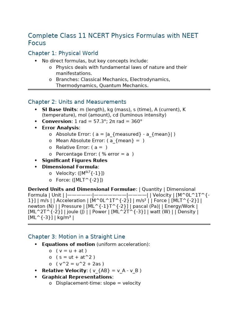 Class 11 Physics Formulas for NEET | PDF | Rotation Around A Fixed Axis ...