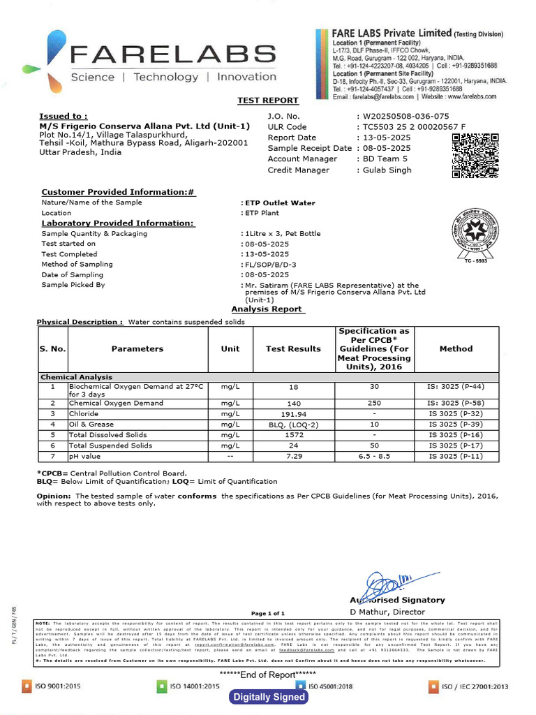 ETP Outlet Water Test Report Summary | PDF | Chemistry