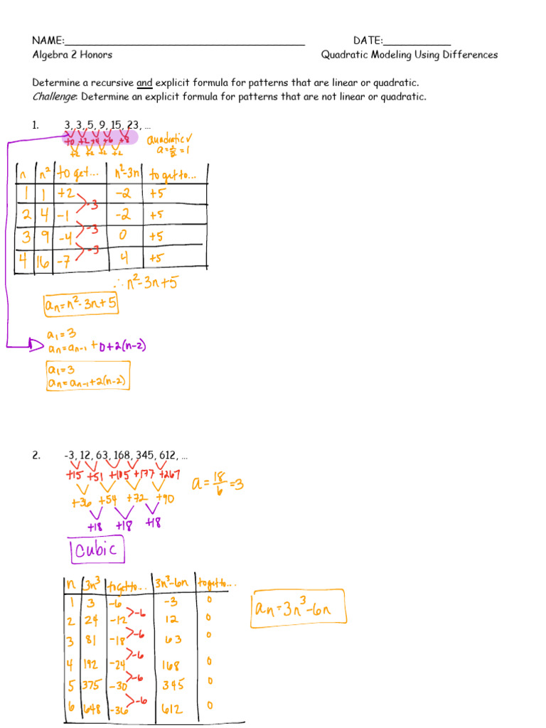Quadratic Modeling CW & HW (8 Patterns) Key | PDF