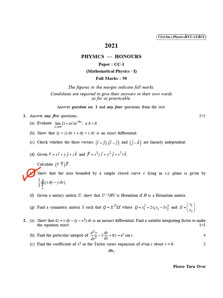 CU-2021 B.sc. (Honours) Physics Semester-1 Paper-CC-1 QP | PDF | Matrix ...