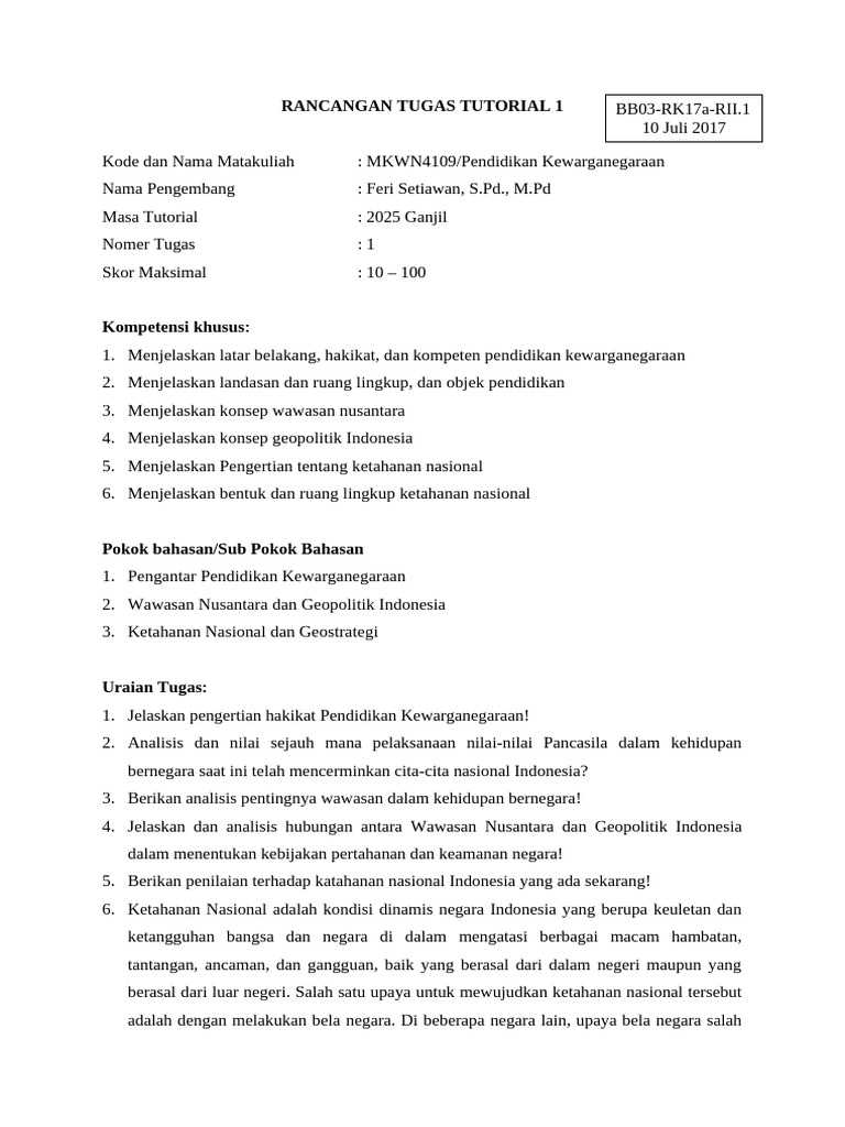 Rancangan Tugas Tutorial 1 Pendidikan Kewarganegaraan | PDF