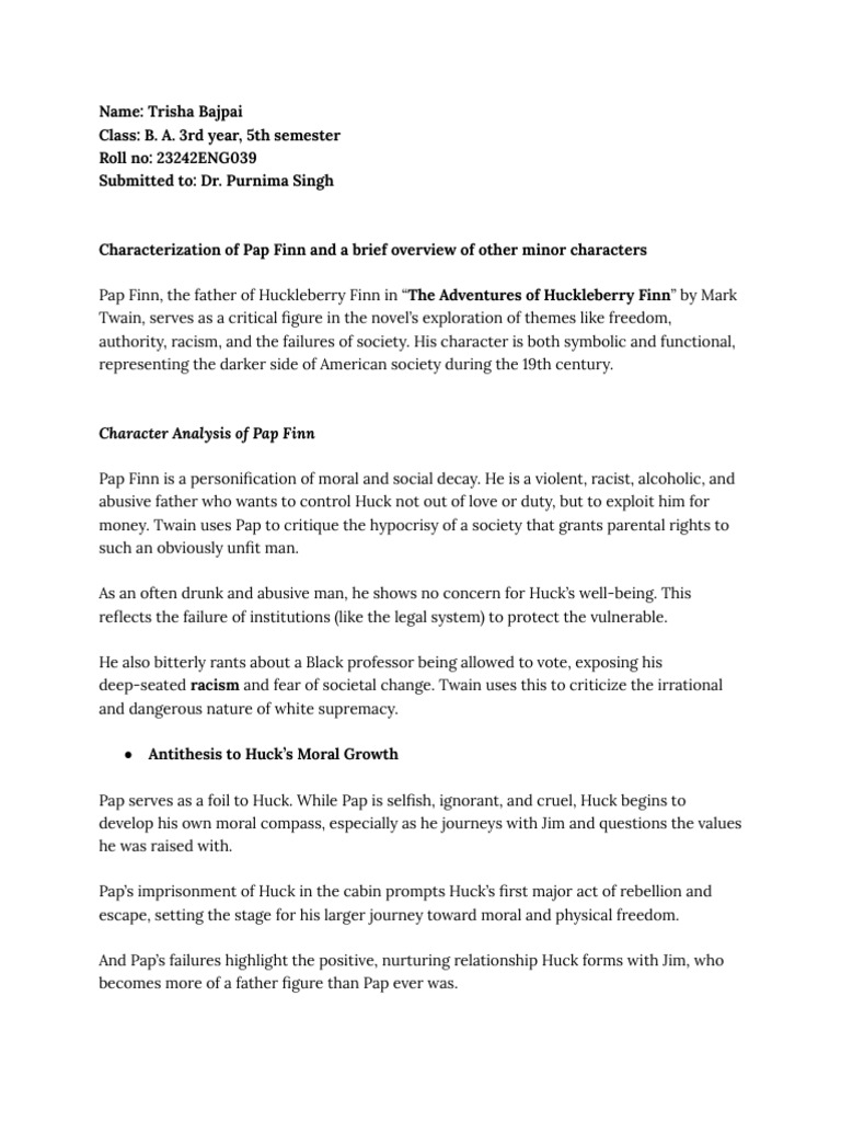 Pap Finn's Characterization and Minor Characters | PDF | Huckleberry ...