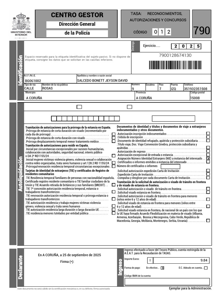 Formulario 790 Código 012 - Jeyson Salcedo Bonett | PDF | Visa de viaje