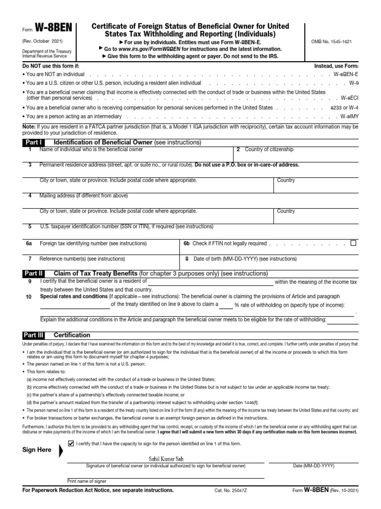 completed_w8ben | PDF | Irs Tax Forms | Public Finance