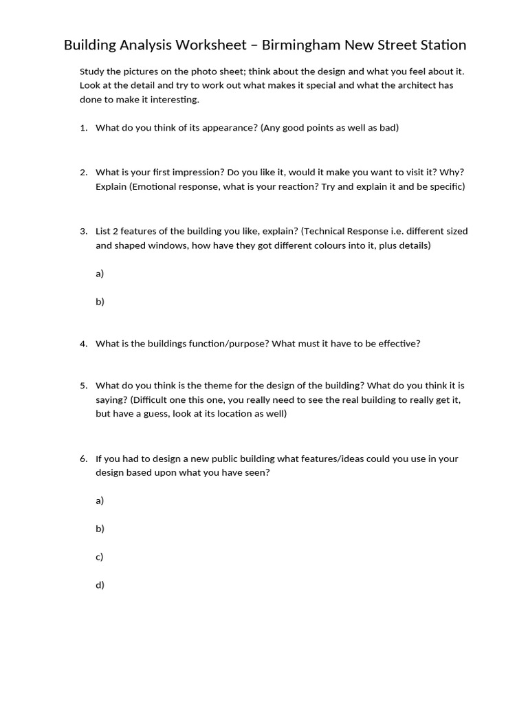 Building Analysis Worksheet Birmingham New Street Station | PDF