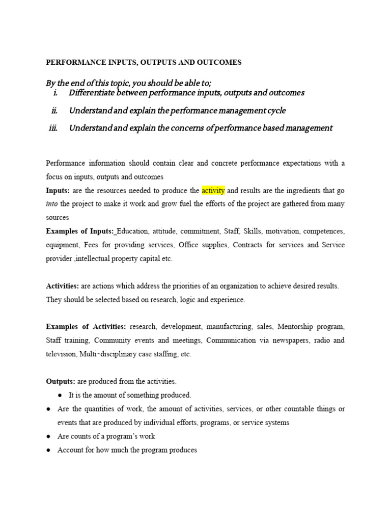 Performance Inputs, Outputs and Outcomes | PDF | Employment | Goal