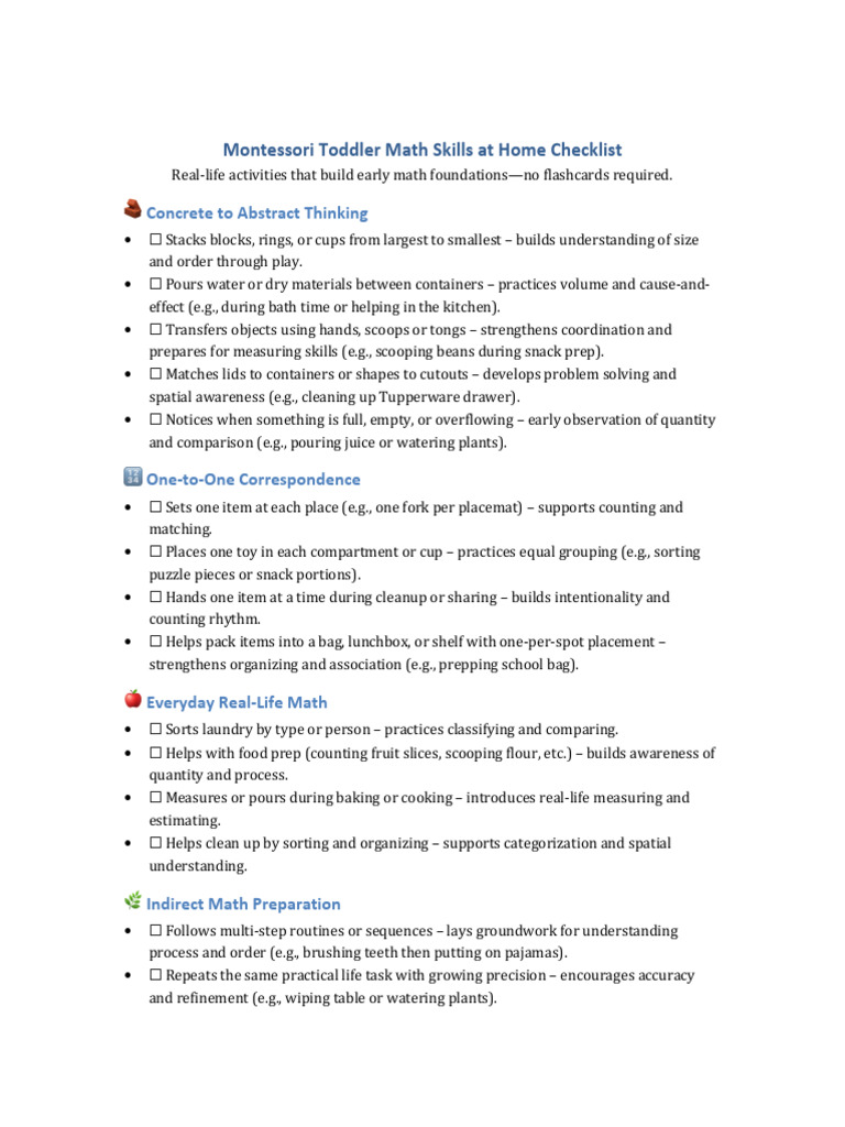 Montessori Toddler Math Skills at Home Checklist | PDF | Toys ...