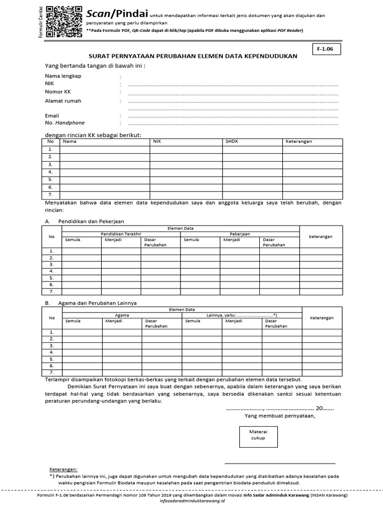 Surat Pernyataan Perubahan Data Kependudukan | PDF