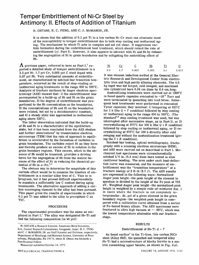 Temper Embrittlement of Ni-Cr Steel by Antimony - II. Effects of ...