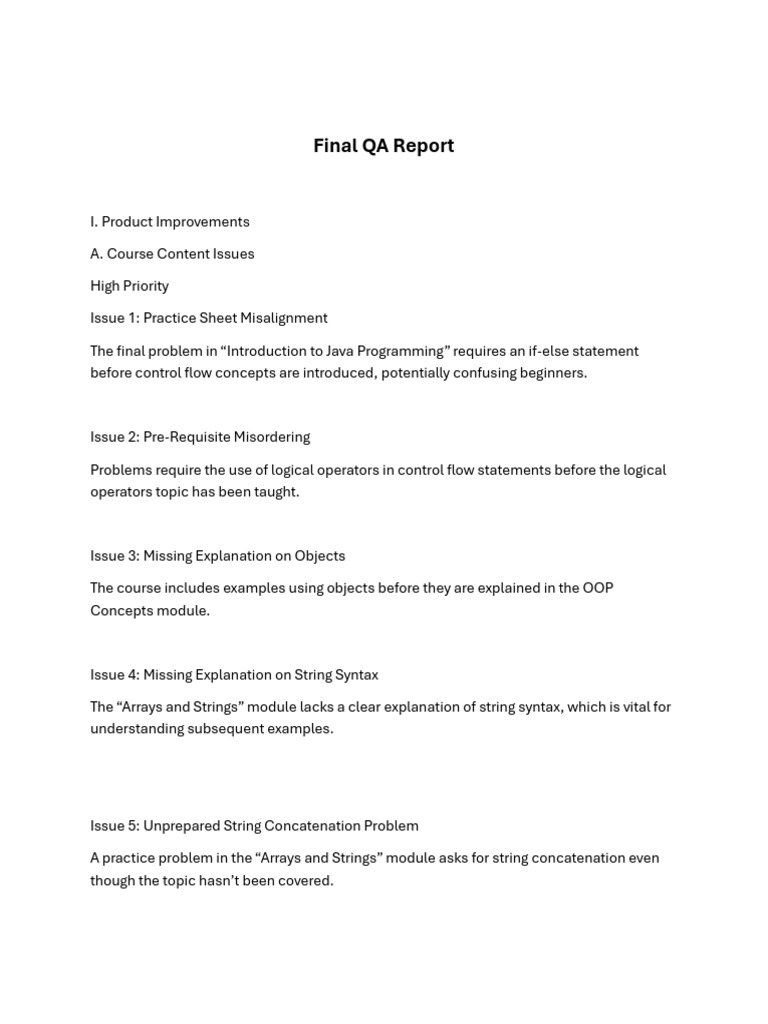 Final QA Report on Java Course Issues | PDF | Control Flow | User Interface