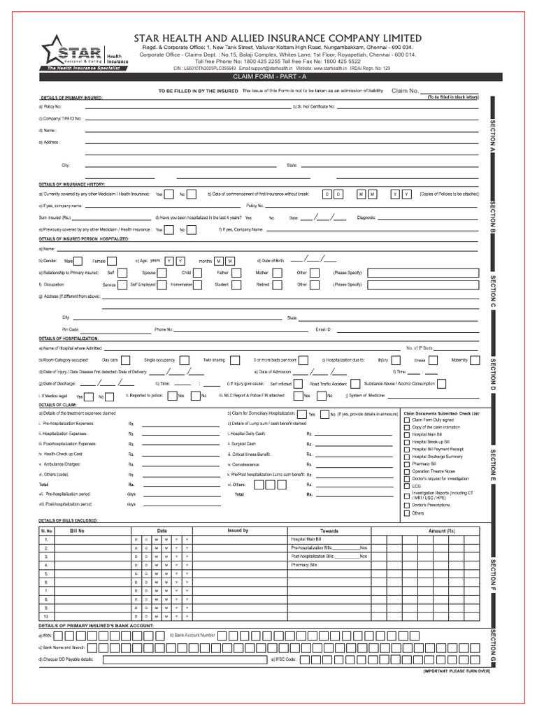 Claim Form Plate.cdr Claim Form Star Health Insurance | PDF
