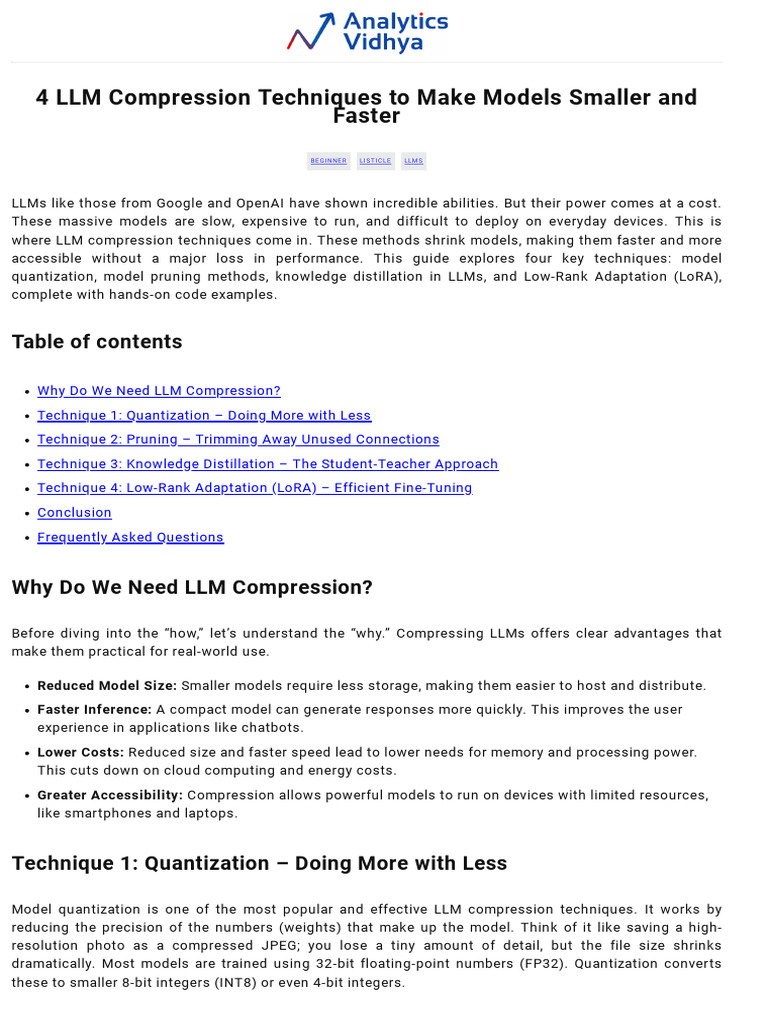 4 LLM Compression Techniques To Make Models Smaller and Faster | PDF | Data Compression ...