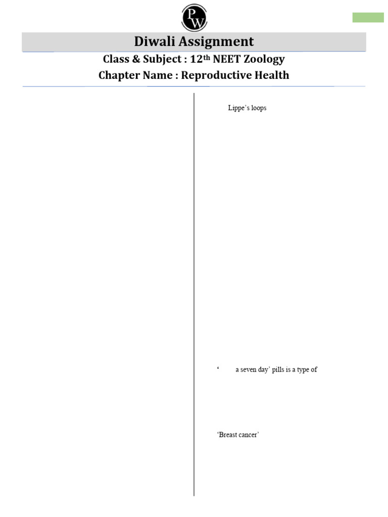 Diwali Assignment Reproductive Health 12 NEET Zoology Aman Khan | PDF | Birth Control | Uterus