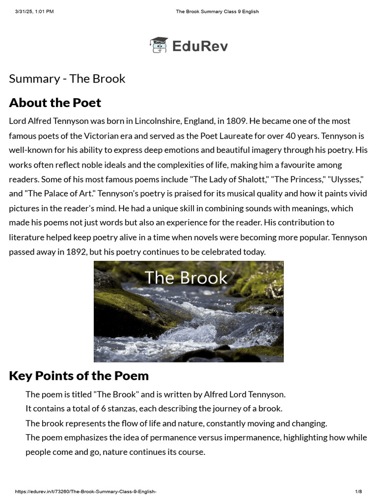 Summary of "The Brook" Poem | PDF | Poetry