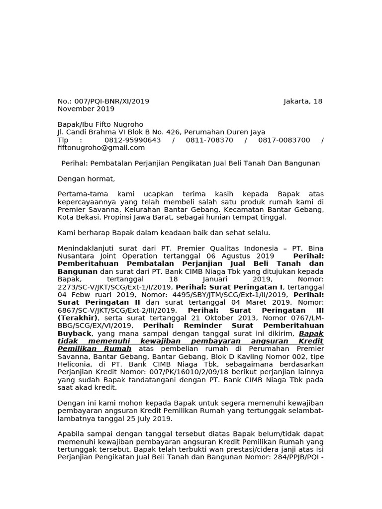 Draft Surat Pembatalan PPJB | PDF