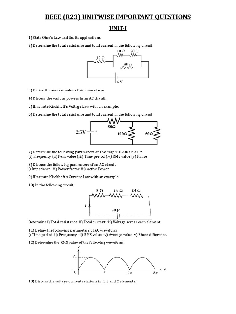 Beee Unitwise Important Questions | PDF | Electrical Impedance ...