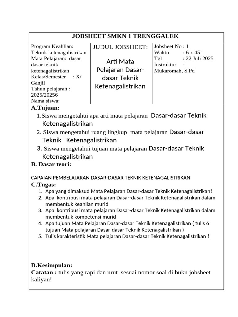 Jobsheet 1 Tanggal 22 Juli 2025 Arti Matpel Dasar Ketenagalistrikan | PDF