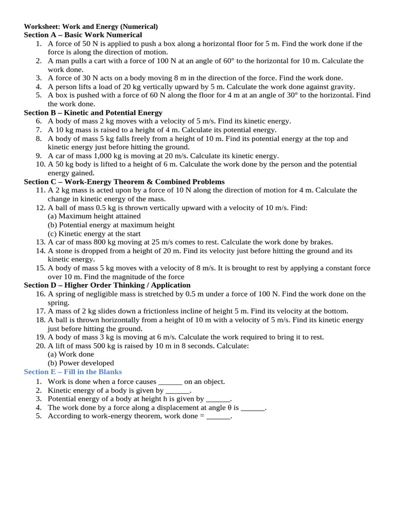 Work and Energy Numerical Worksheet | PDF | Force | Potential Energy