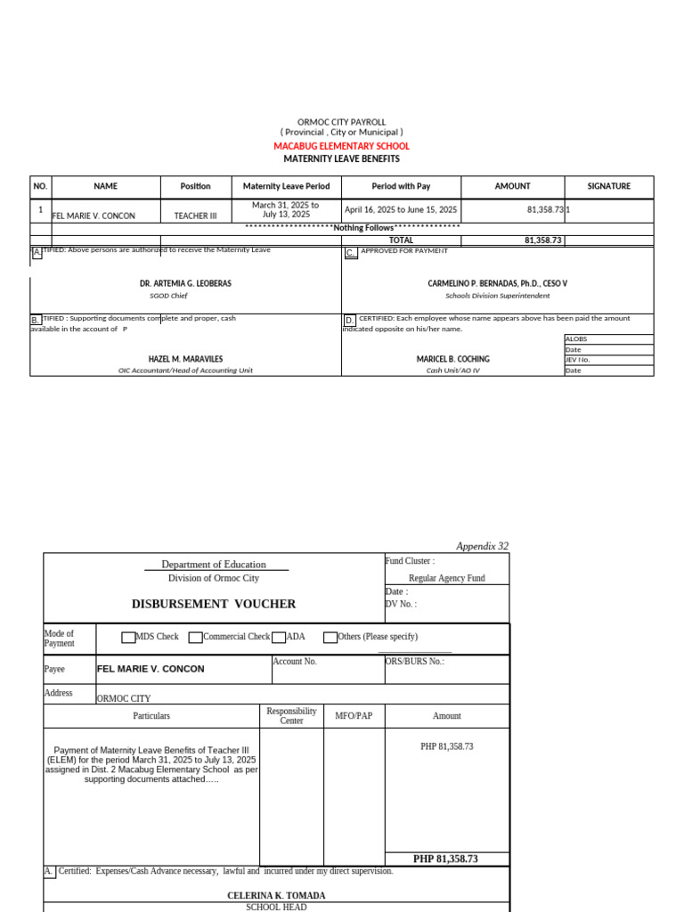 Maternity Leave Benefits Payroll, OrS, DV, SAMPLE COMP., Period Covered ...