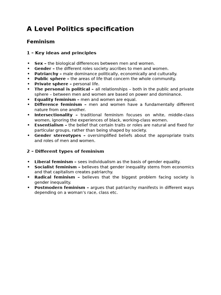 A Level Politics: Key Feminism Concepts | PDF