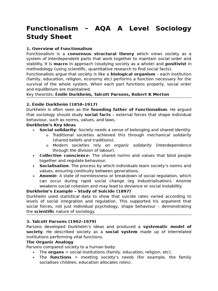 Functionalism Sociology Summary Sheet | PDF | Émile Durkheim | Sociology