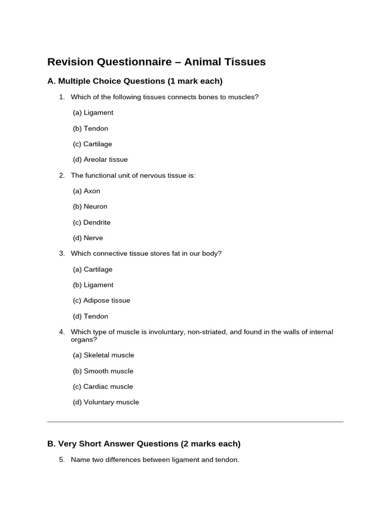 Animal Tissues Revision Questionnaire | PDF