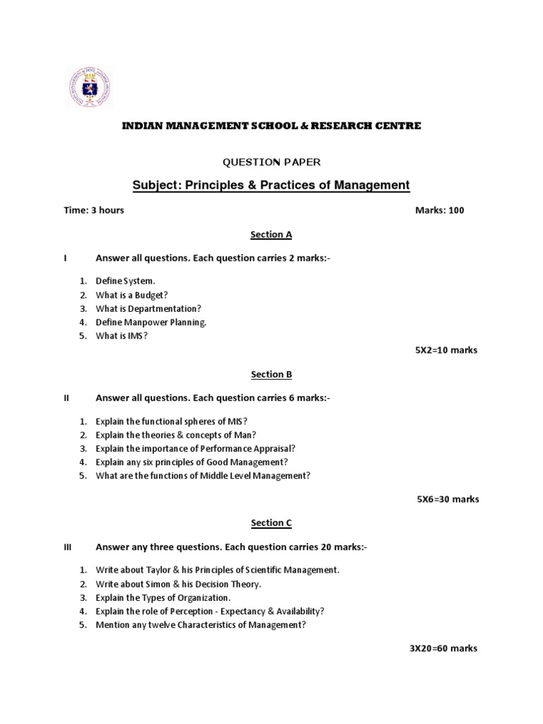 PPM Question Paper: Management Principles | PDF