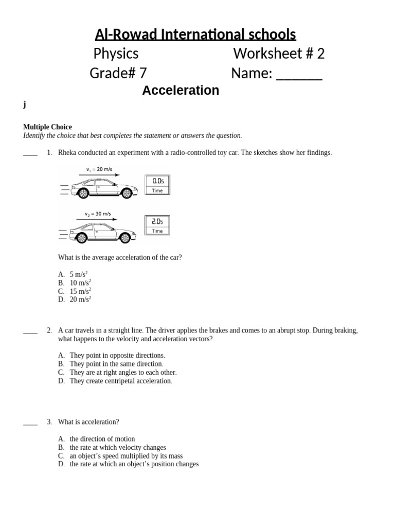 Grade 7 Physics Acceleration Worksheet | PDF